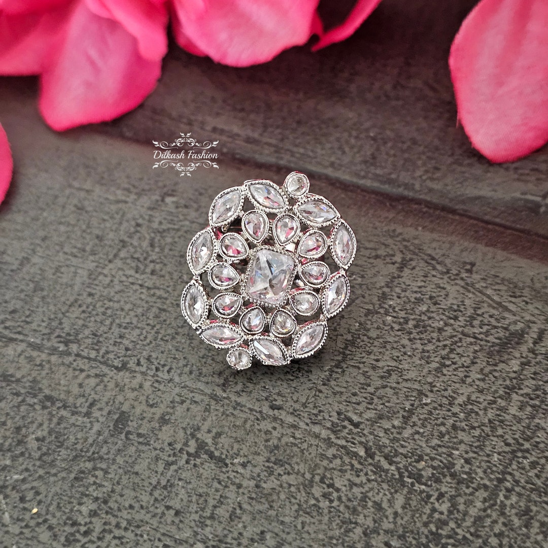 Pakistani Indian Punjabi Beautiful Silver Polki Adjustable Ring Dilkash Fashion Jewelry ...