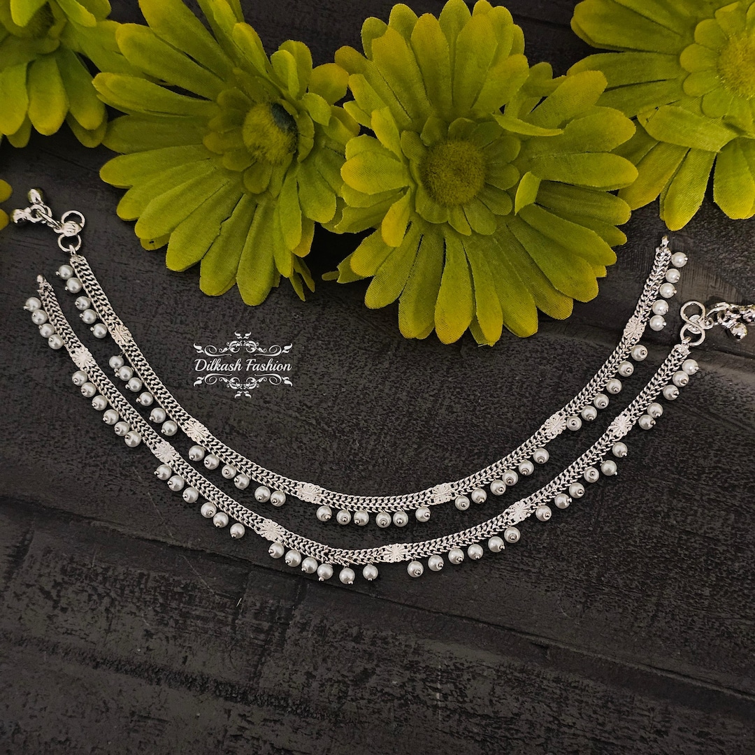 Pakistani Indian Punjabi Silver Pearl Stone Anklet Payal Pair Dilkash ...