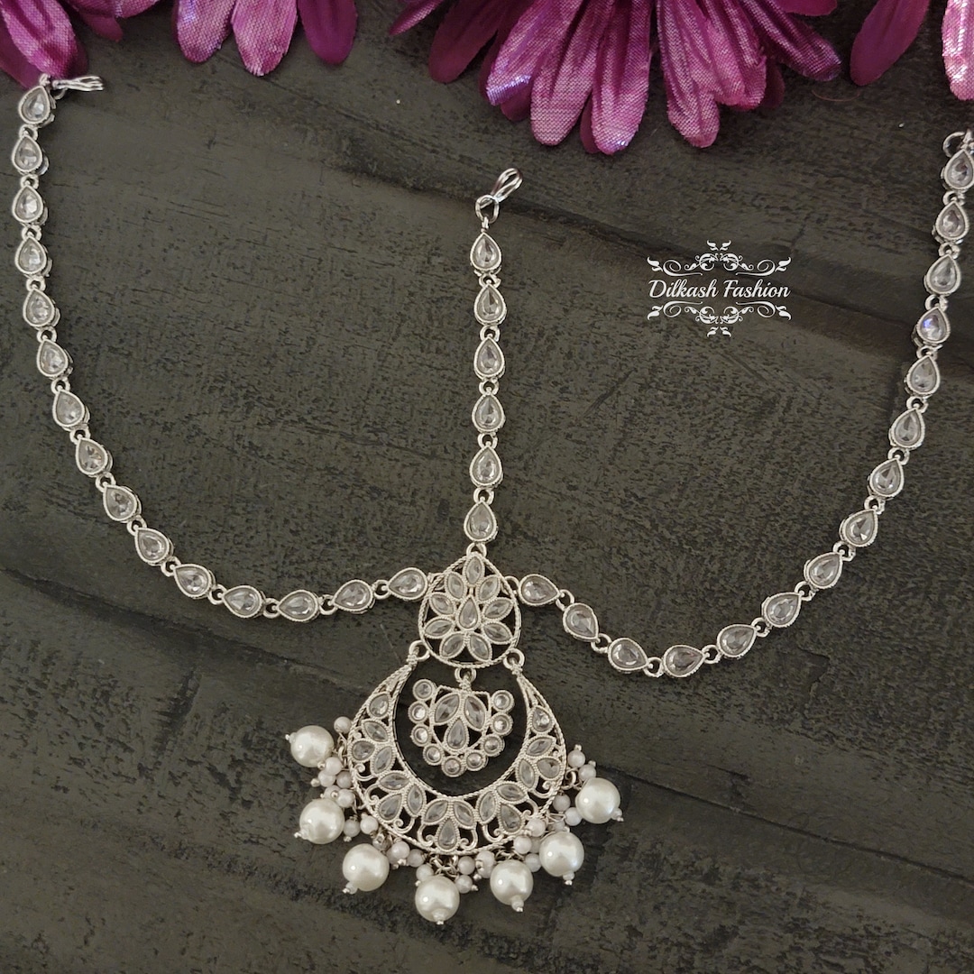 Pakistani Indian Punjabi Beautiful Handcrafted Silver Polki Matha Patti ...