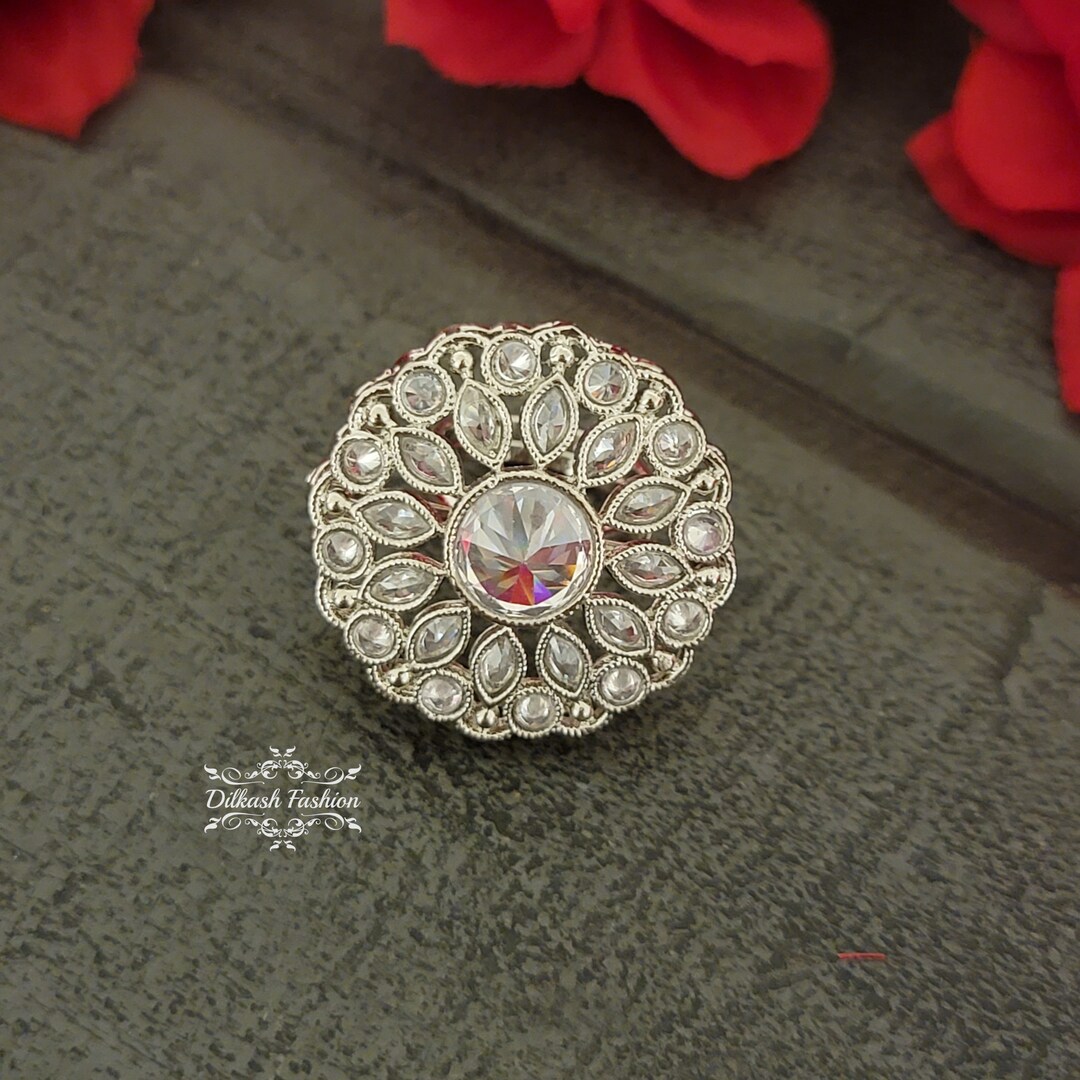 Pakistani Indian Punjabi Beautiful Handcrafted Silver Polki Adjustable Ring Dilkash Fashion ...