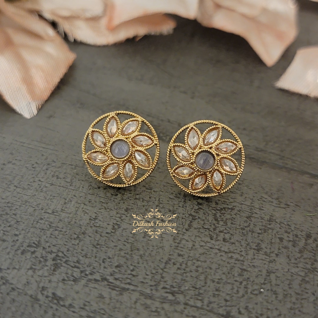 Pakistani Indian Punjabi Gold Gray Grey Polki Studs Earrings Dilkash ...