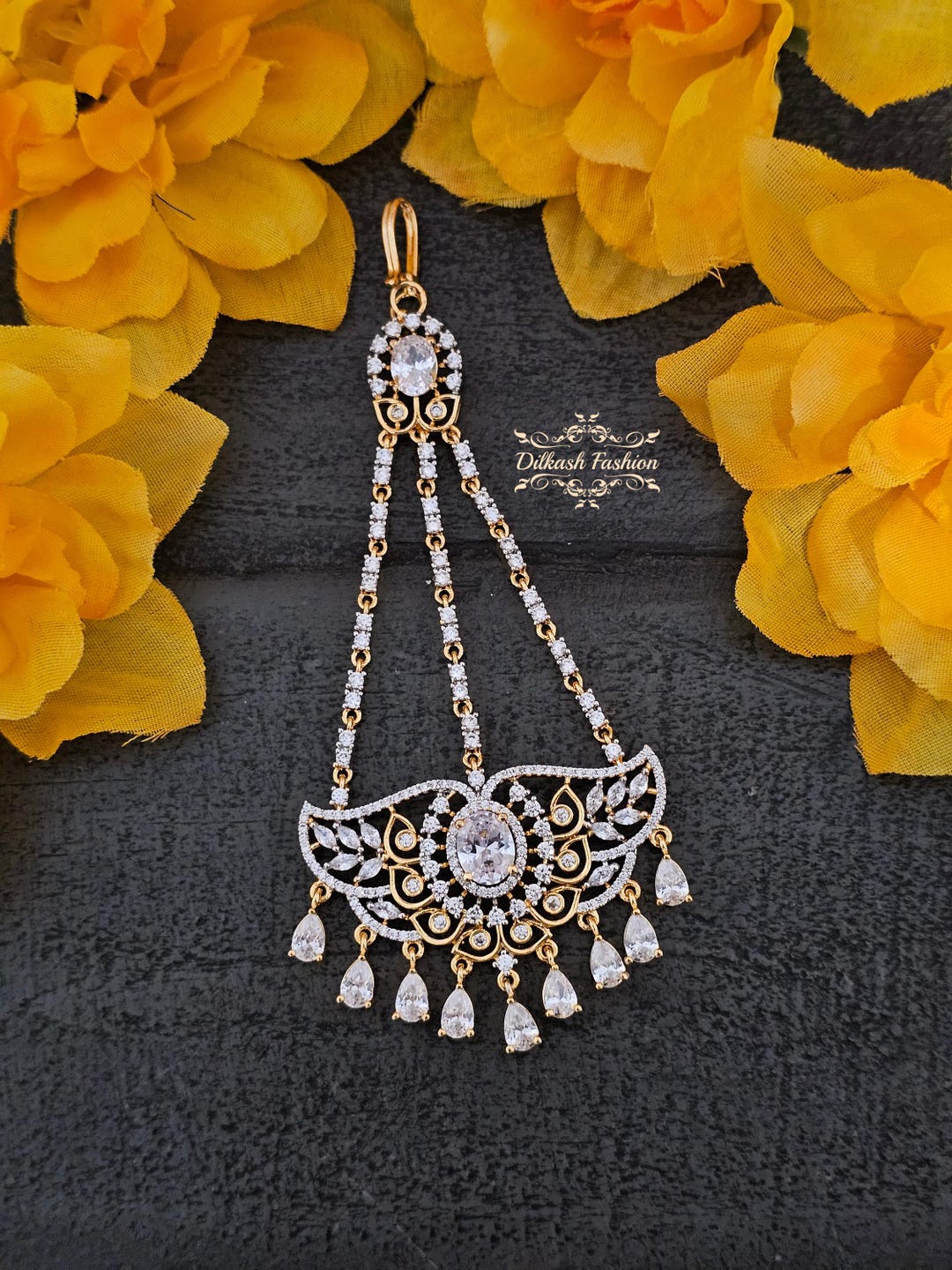 Pakistani Indian Gold White AD American Diamond Jhumar Passa Headpiece ...