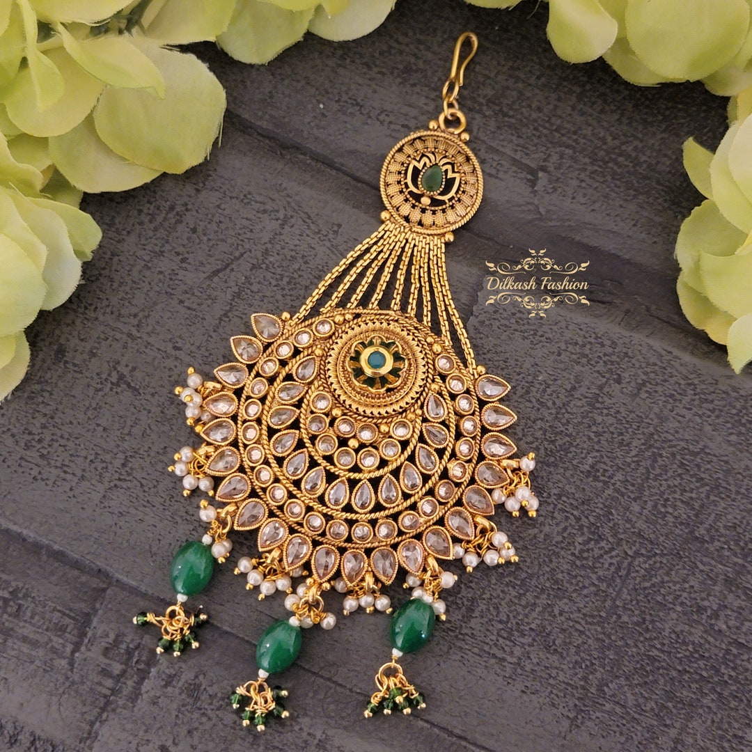 Pakistani Indian Punjabi Beautiful Pearl Green Gold Polki Jhumar Passa ...