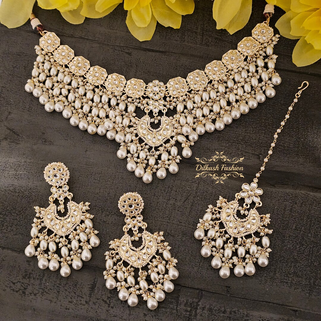 Pakistani Indian Punjabi Amritsari Kundan White Pearl Necklace Earrings ...