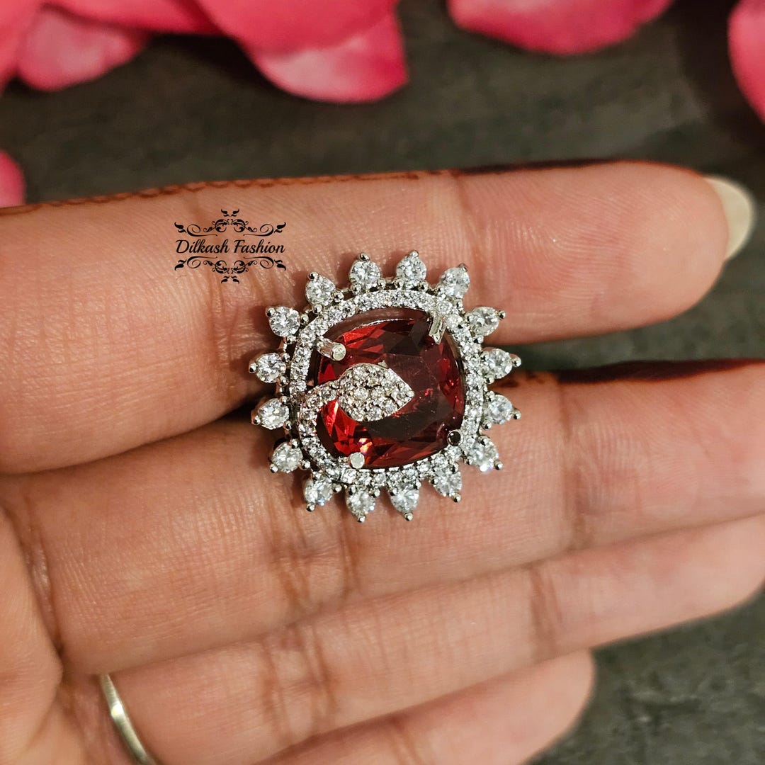 Pakistani Indian Punjabi Silver Hot Pink Leafy American Diamond AD Cubic Zirconia Adjustable ...