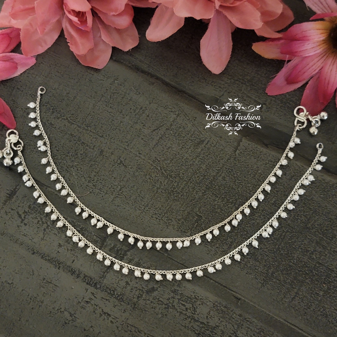 Pakistani Indian Punjabi Silver Pearl Stone Anklet Payal Pair Dilkash ...