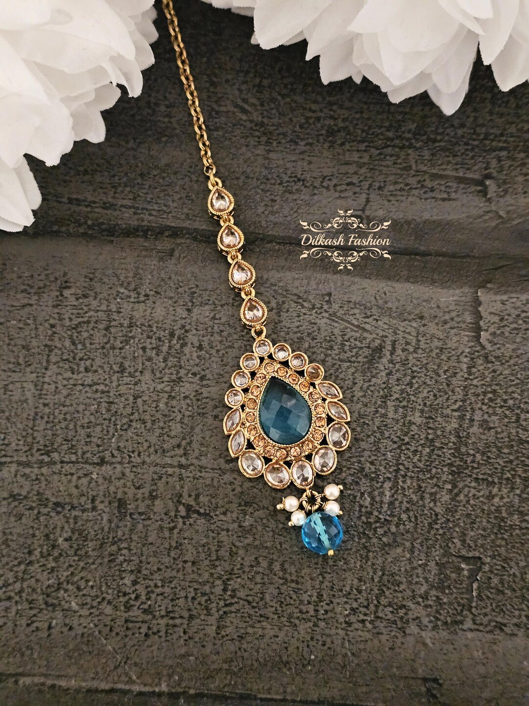 Pakistani Indian Gold Turquoise Blue Polki Tikka Maangtikka Headpiece ...
