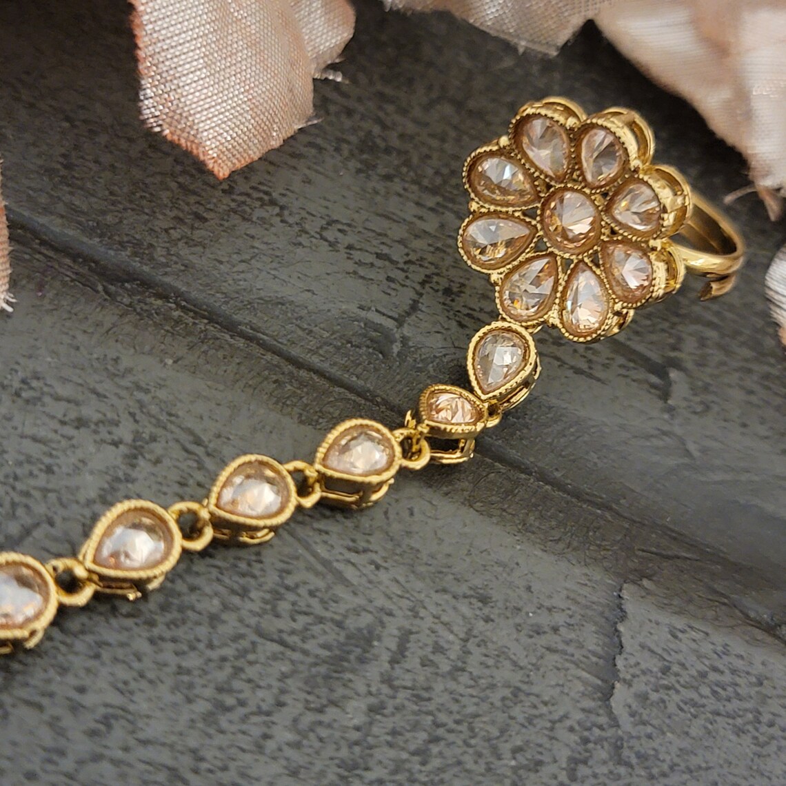 Pakistani Indian Punjabi Handcrafted Gold Polki Adjustable Hand Jewelry ...