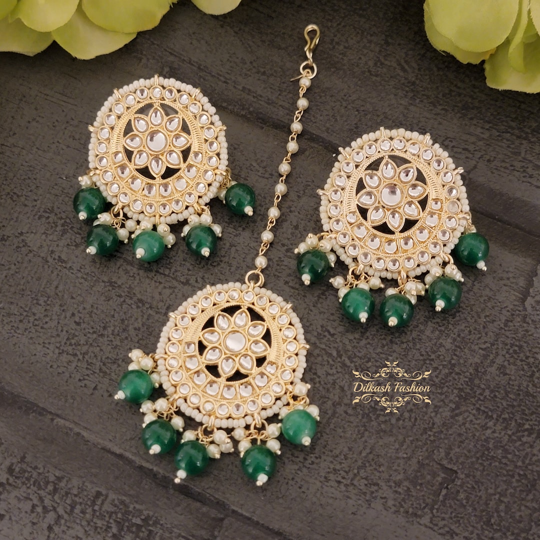 Pakistani Indian Punjabi Champagne Gold Green Amritsari Kundan Earrings ...
