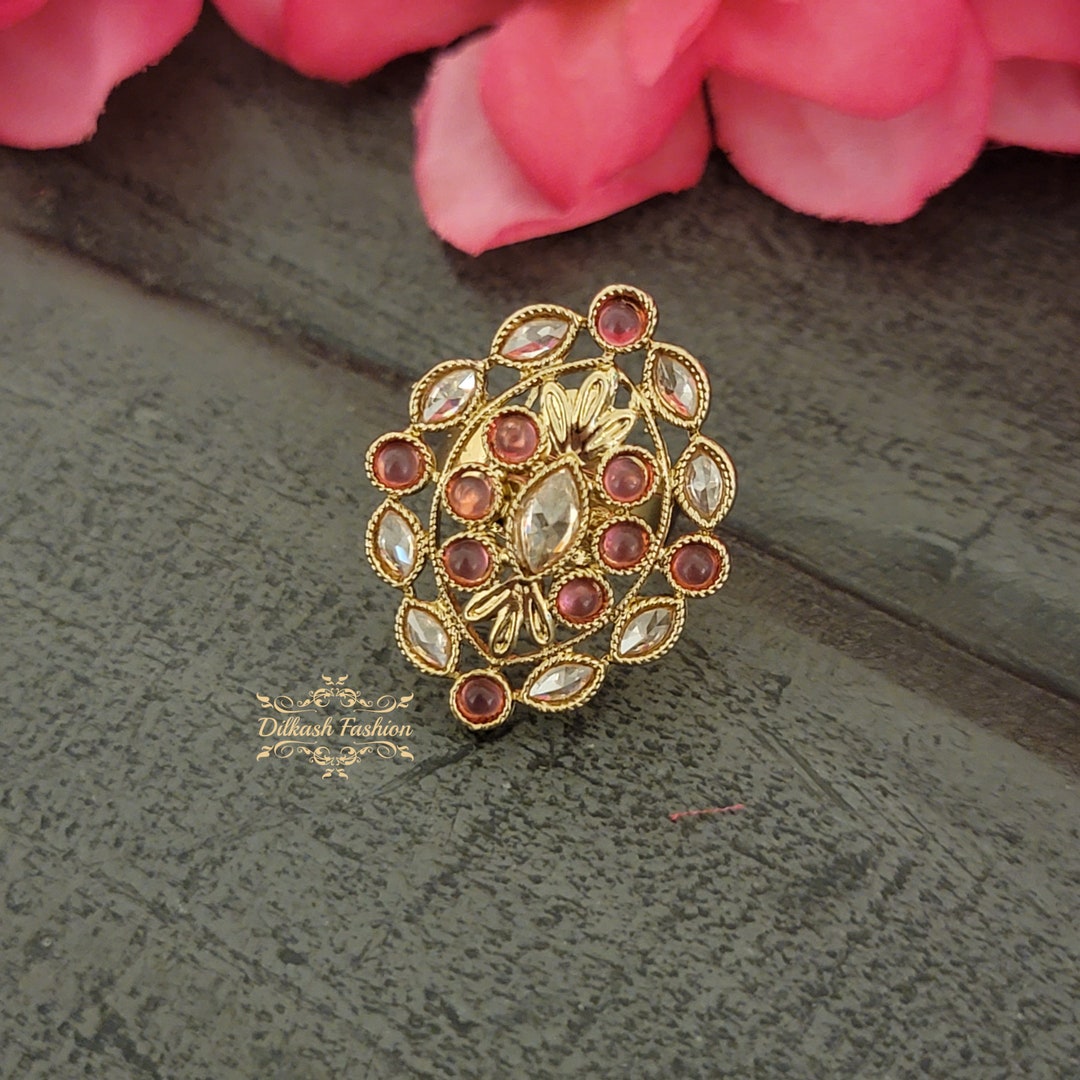 Pakistani Indian Punjabi Beautiful Hot Pink Gold Polki Adjustable Ring Dilkash Fashion Jewelry ...