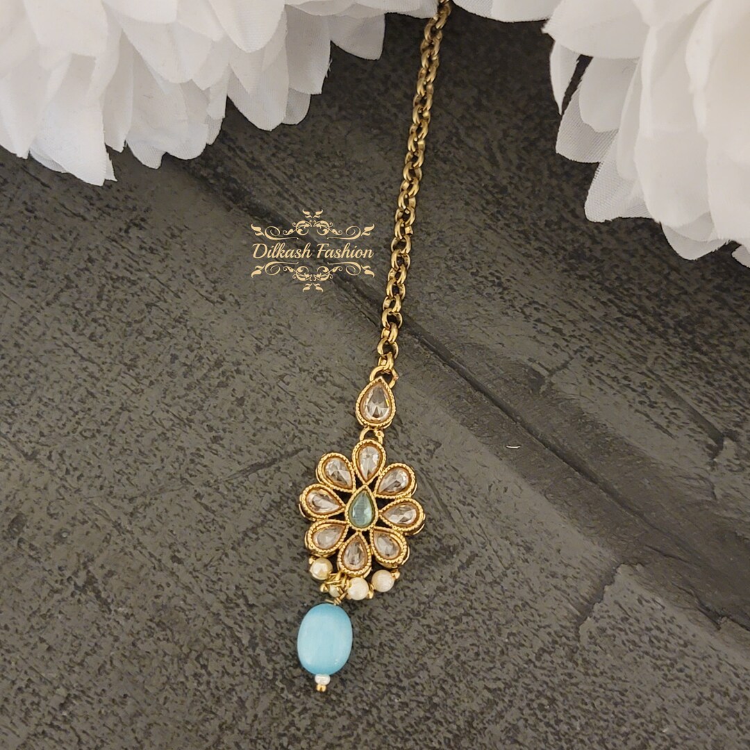 Pakistani Indian Punjabi Turquoise Blue Gold Polki Tikka Maangtikka ...