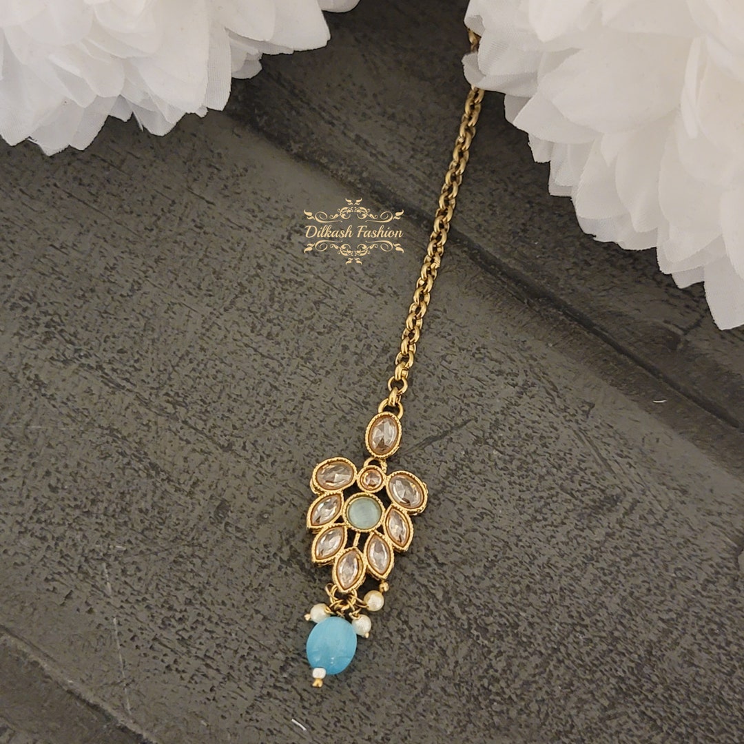 Pakistani Indian Punjabi Turquoise Blue Gold Polki Tikka Maangtikka ...