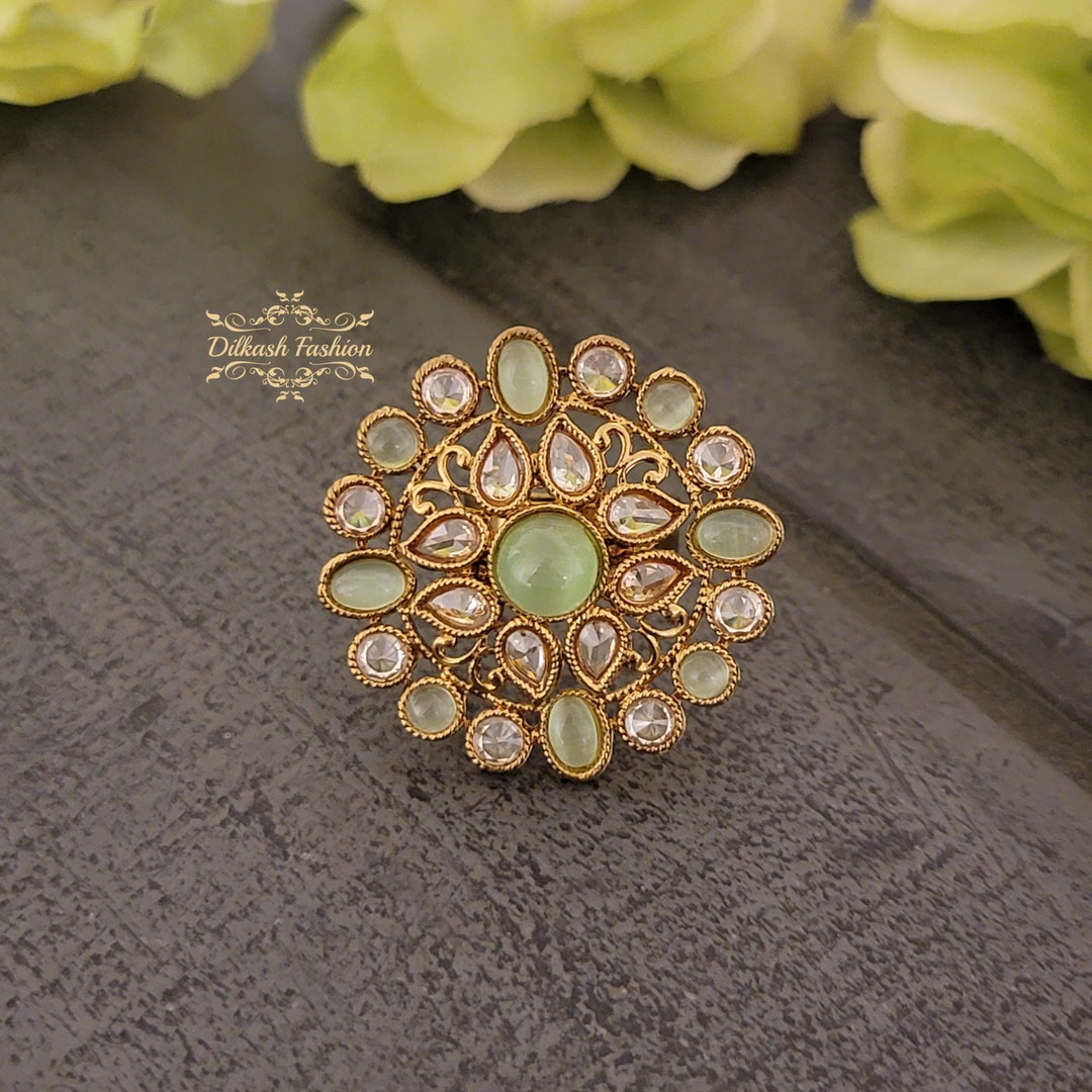 Pakistani Indian Punjabi Beautiful Gold Light Green Polki Adjustable Ring Dilkash Fashion ...