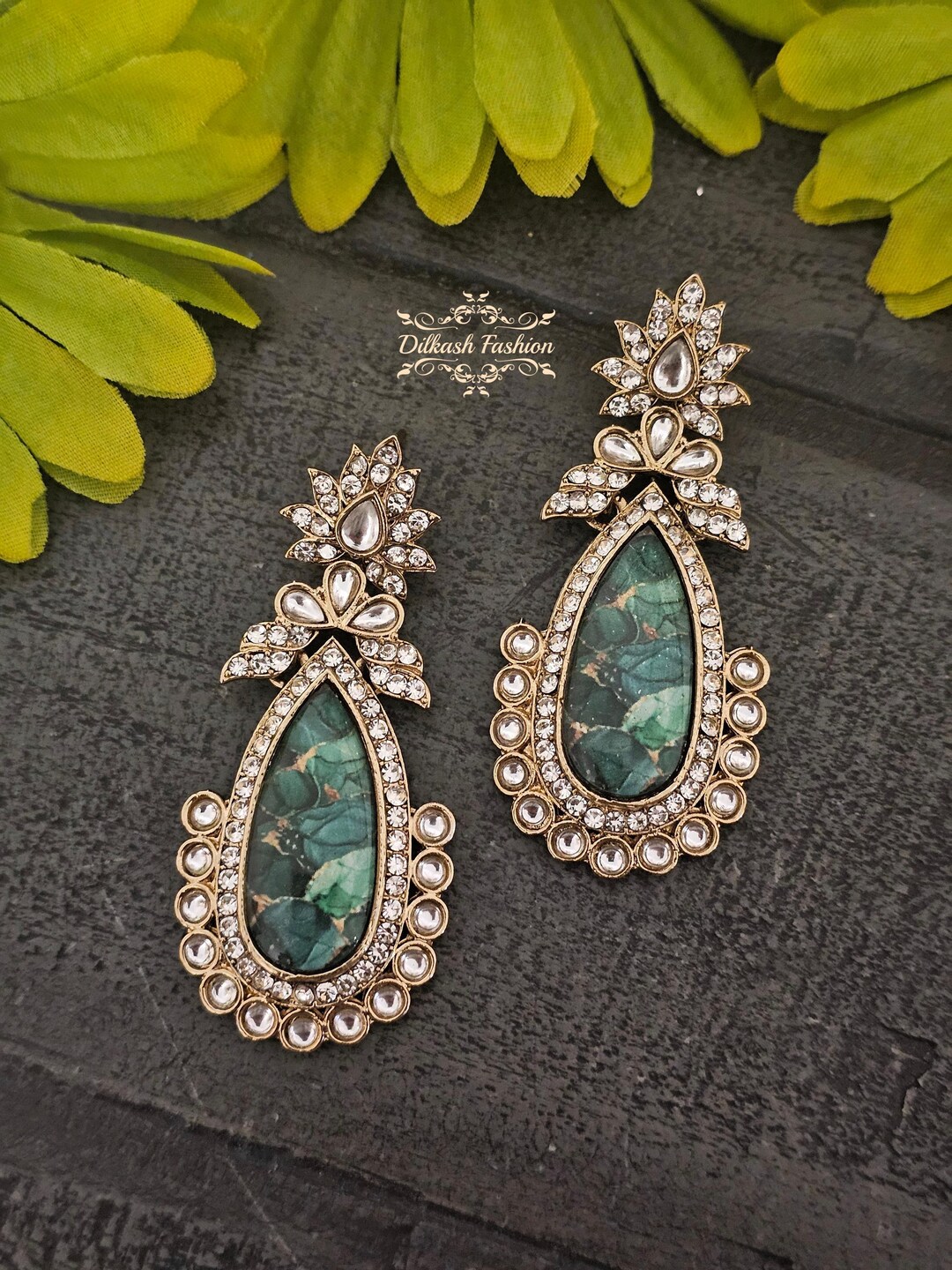 Pakistani Indian Gold Emerald Green Kundan AD Marble Doublet Earrings ...