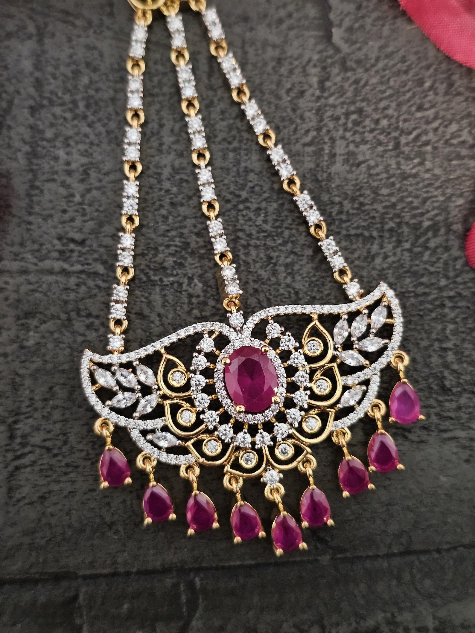 Pakistani Indian Gold Ruby AD American Diamond Jhumar Passa Headpiece ...