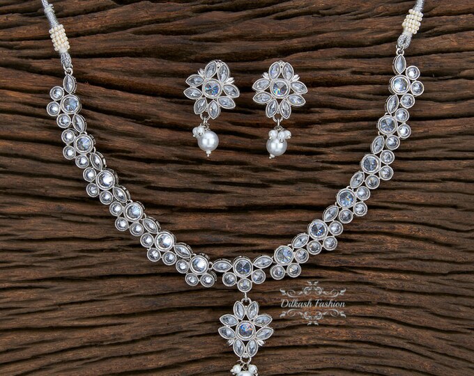 Pakistani Indian Punjabi Polki Silver Pearl White Necklace Earrings Set ...