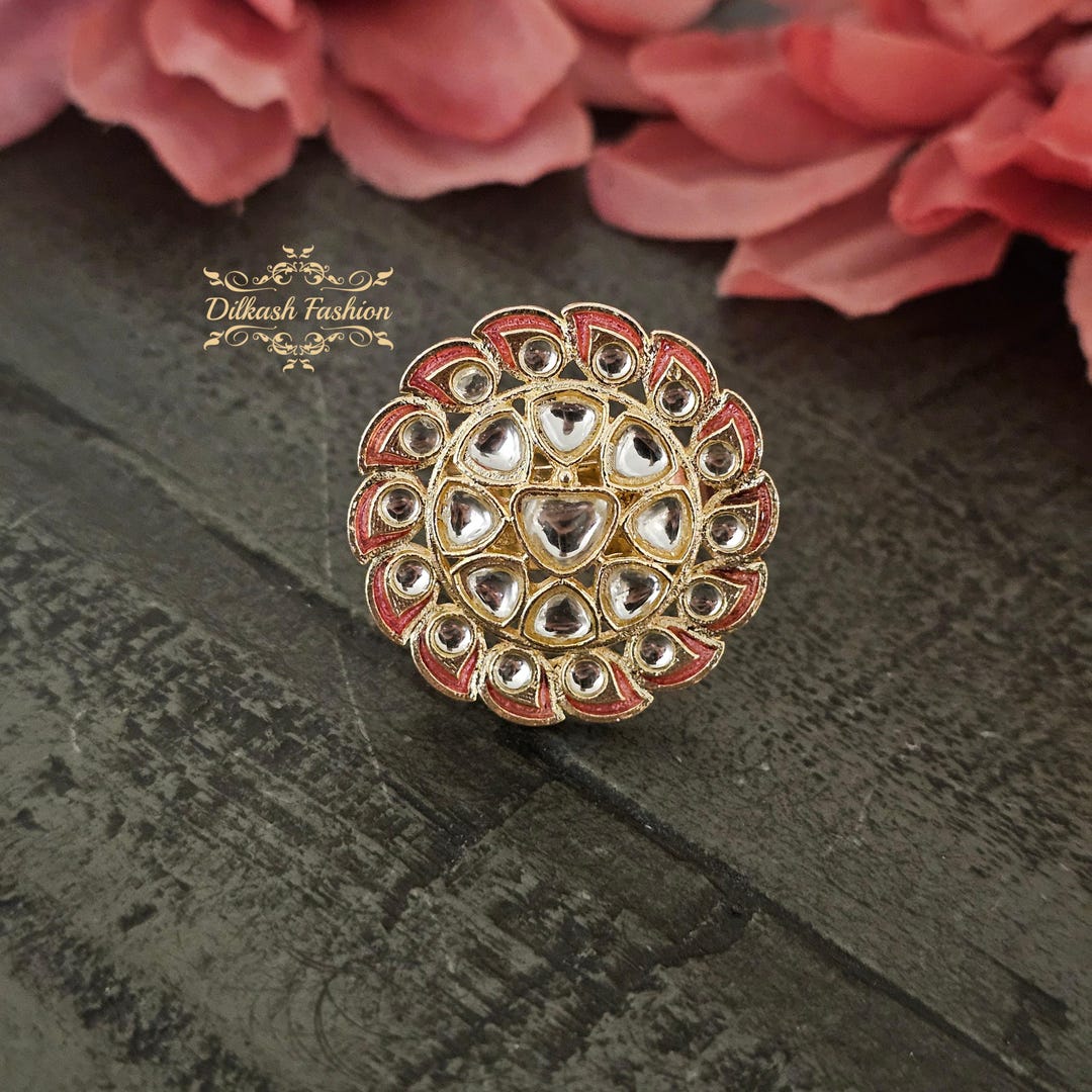 Pakistani Indian Punjabi Gold Coral Pink Kundan Meenakari Adjustable Ring Dilkash Fashion ...