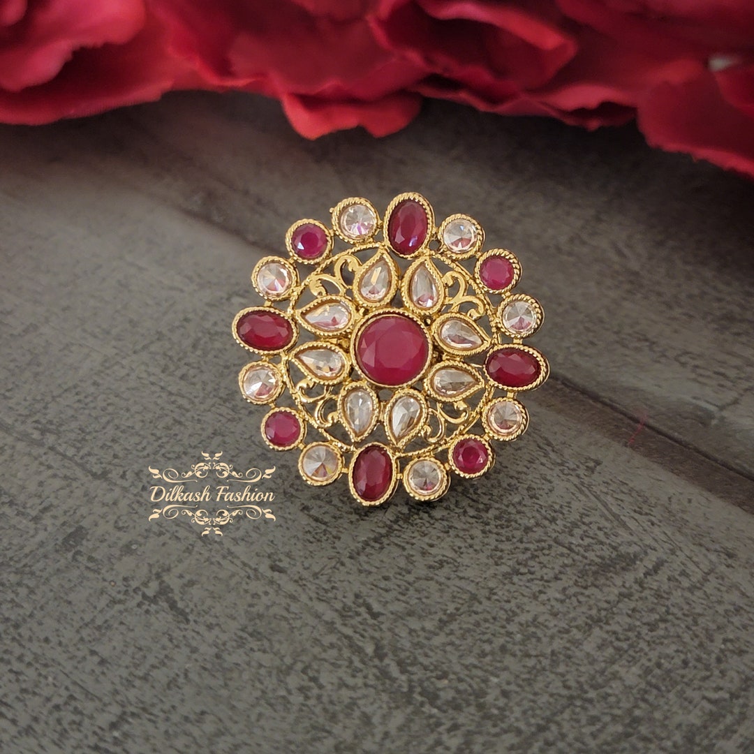 Pakistani Indian Punjabi Beautiful Gold Ruby Red Polki Adjustable Ring ...