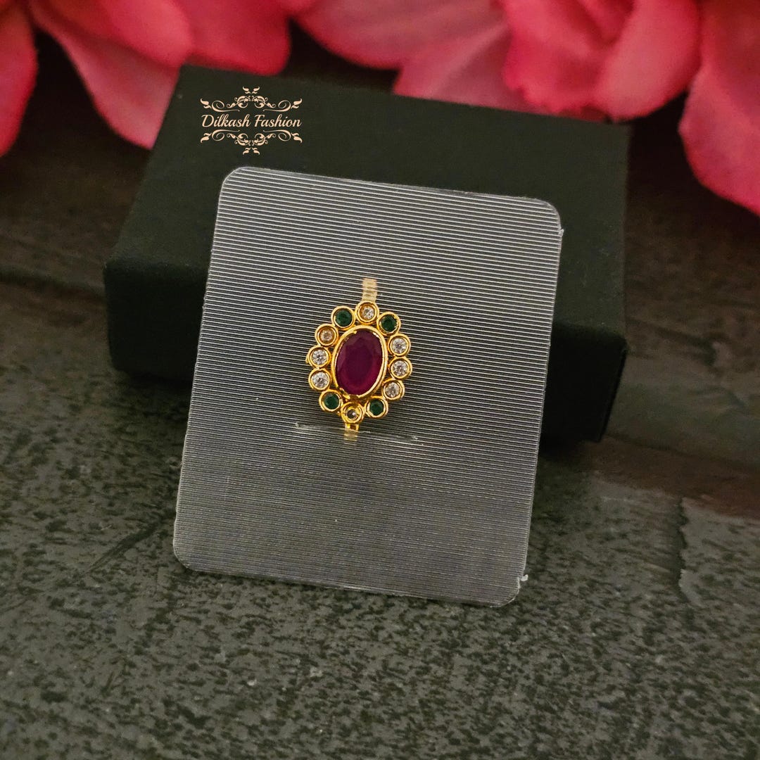 Pakistani Indian Punjabi Gold Ruby Green Kundan Clip on Nath Nose Ring ...