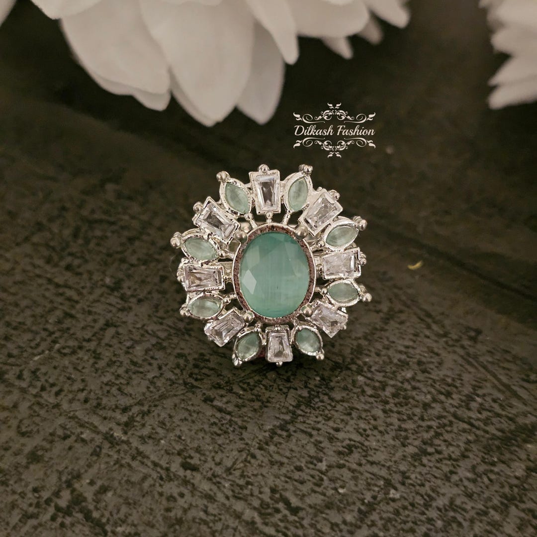 Pakistani Indian Punjabi Beautiful Silver Mint Green Polki Adjustable Ring Dilkash Fashion ...