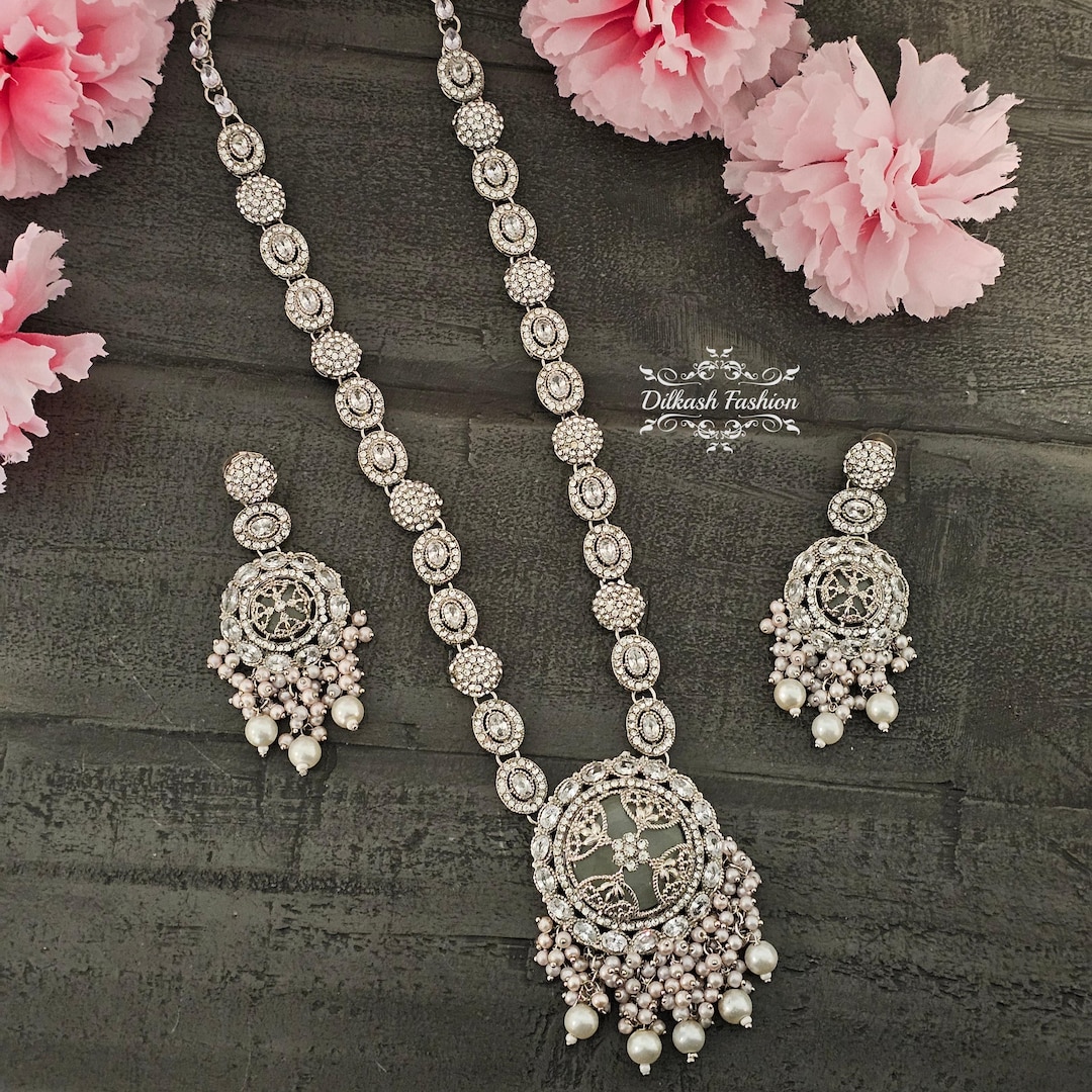 Pakistani Indian Punjabi AD Silver Pearl Necklace Maala Earrings Tikka ...