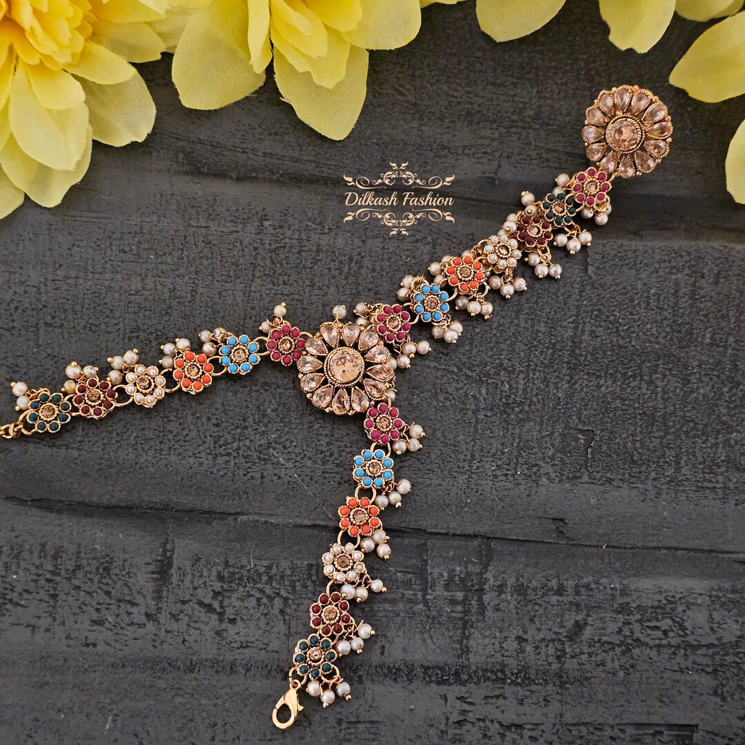 Pakistani Indian Punjabi Gold Nauratan Multi Gold Polki Adjustable Hand Jewelry Bracelet Ring ...