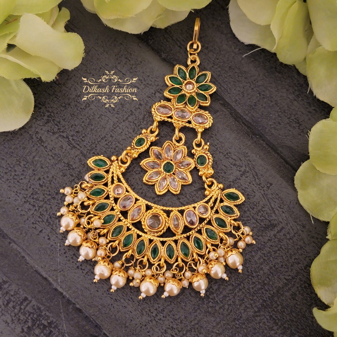 Pakistani Indian Punjabi Beautiful Green Gold Polki Jhumar Passa ...