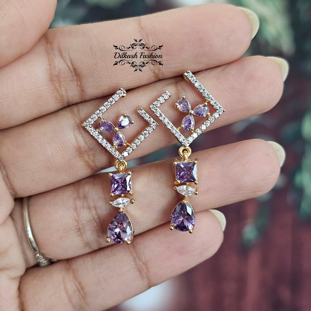 Pakistani Indian Punjabi Gold Purple American Diamond AD Earrings ...