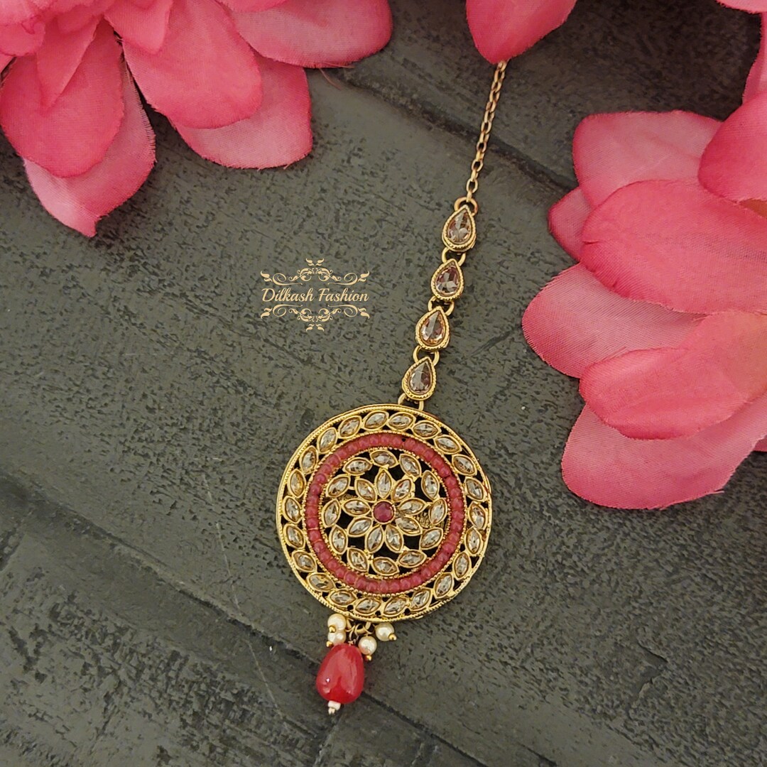 Pakistani Indian Punjabi Ruby Hot Pink Gold Polki Tikka Maangtikka ...