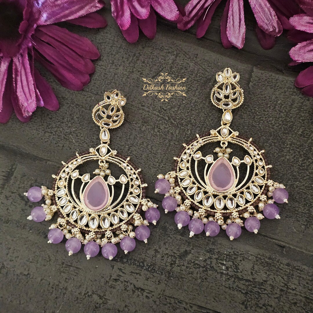 Pakistani Indian Punjabi Champagne Gold Lilac Purple Kundan Earrings ...