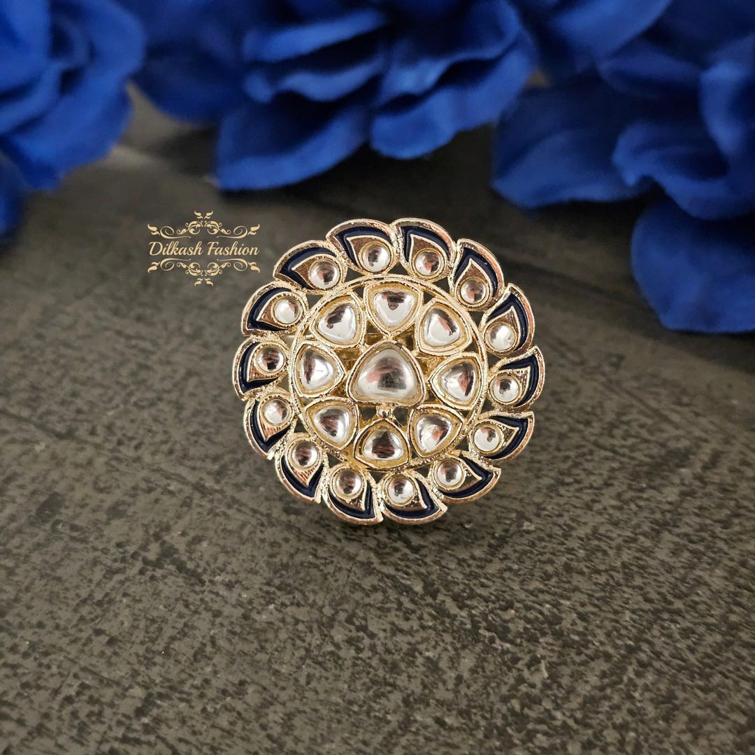 Pakistani Indian Punjabi Gold Sapphire Blue Kundan Meenakari Adjustable Ring Dilkash Fashion ...
