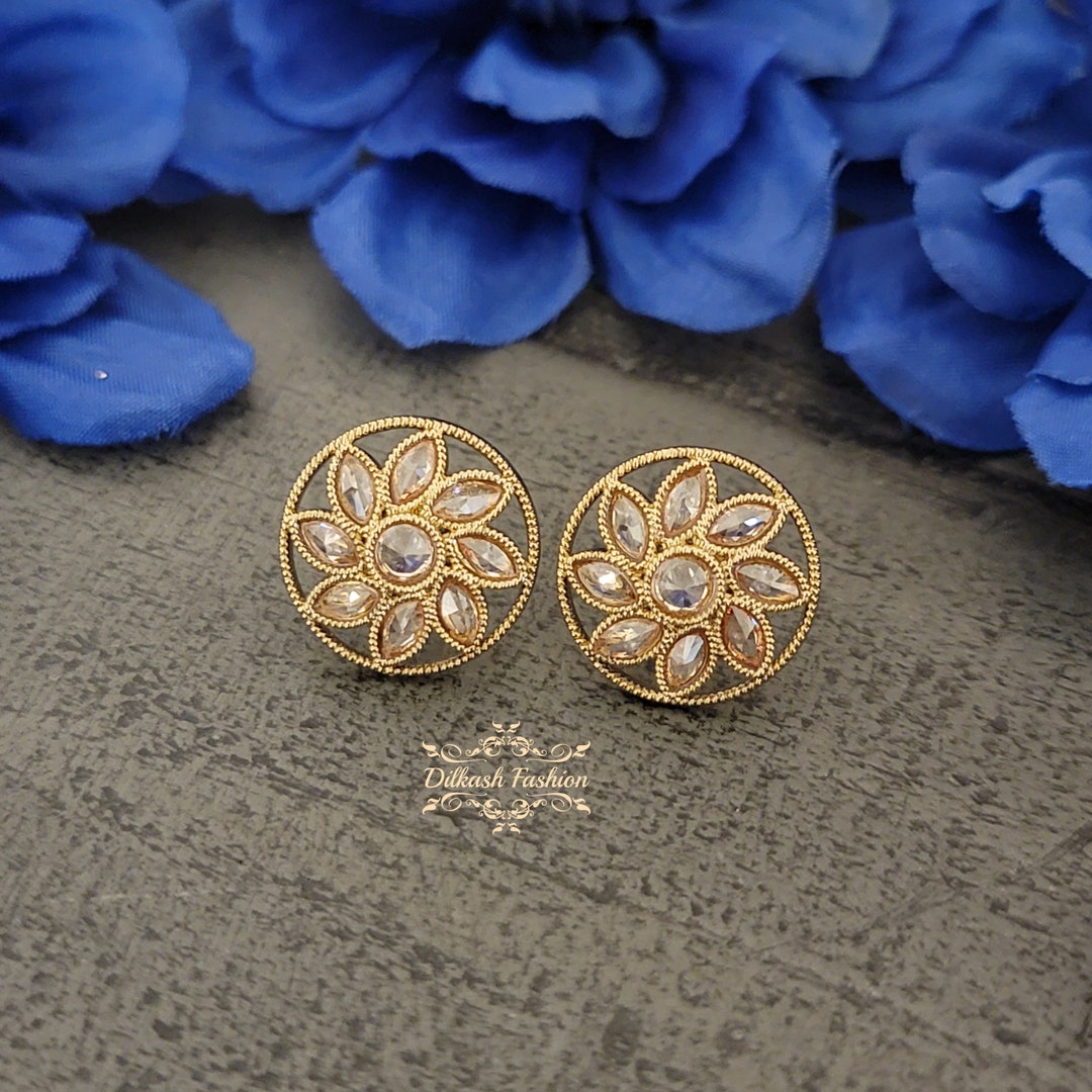 Pakistani Indian Punjabi Gold Champagne Polki Studs Earrings Dilkash ...