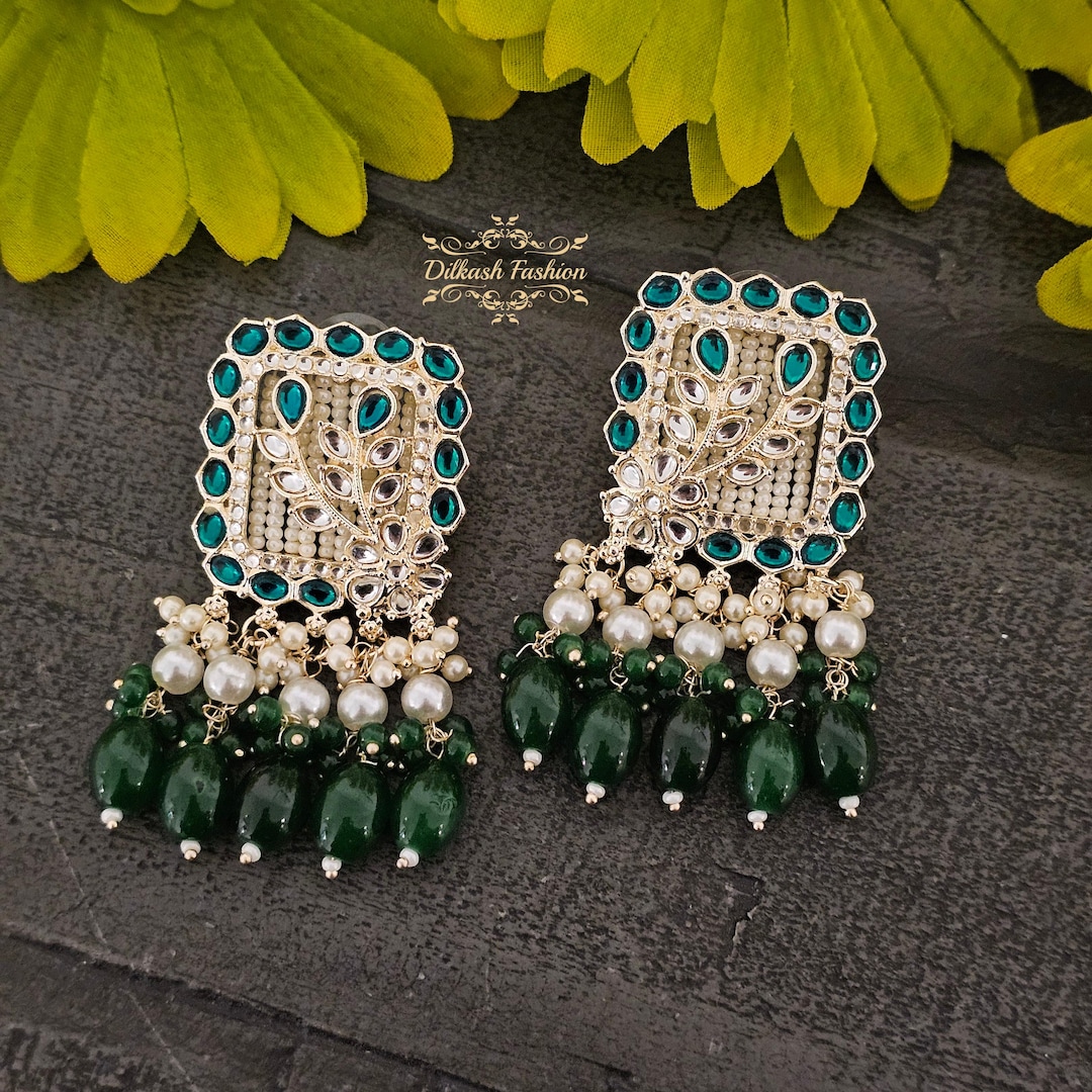 Pakistani Indian Punjabi Gold Emerald Green Kundan Studs Beaded ...