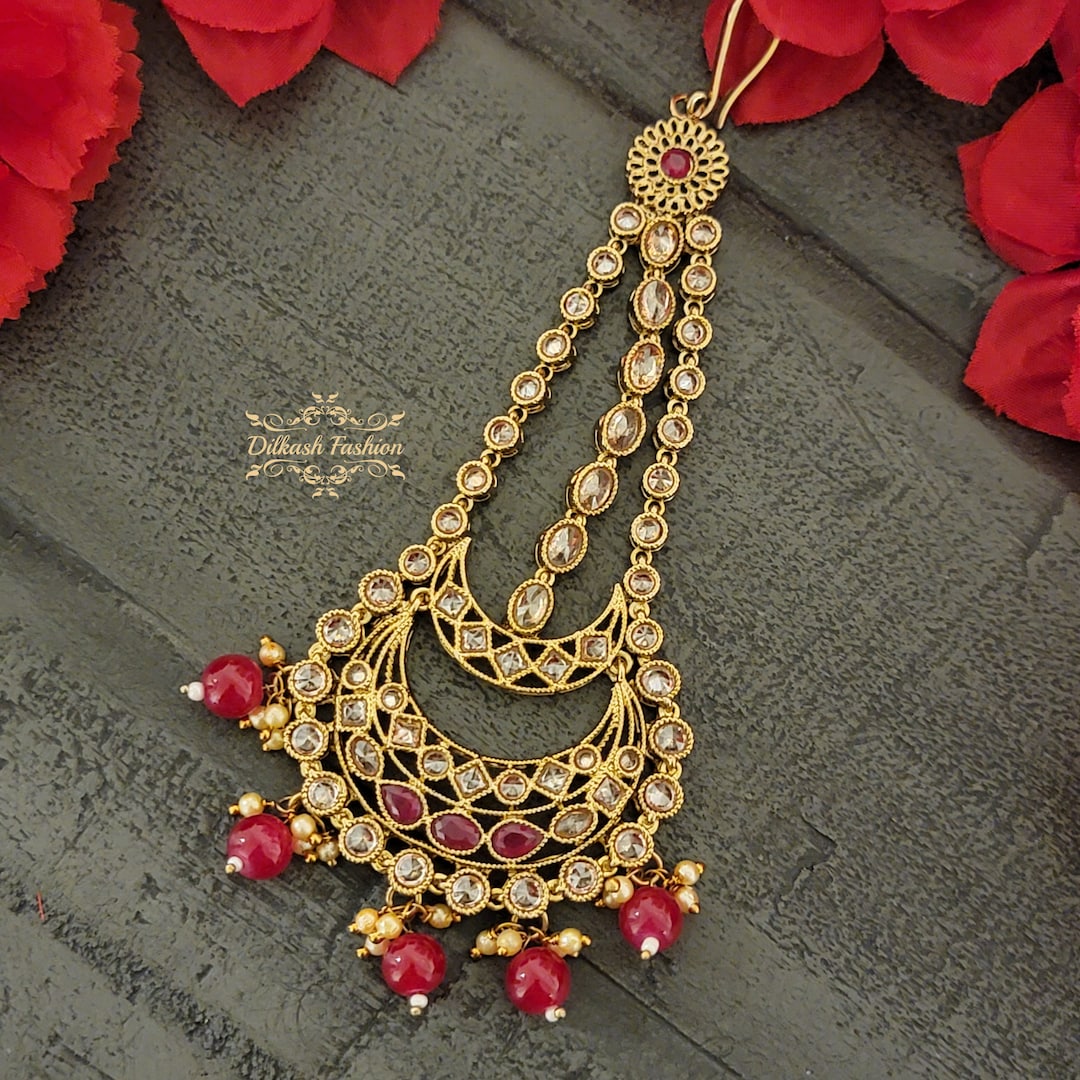 Pakistani Indian Punjabi Beautiful Red Gold Polki Jhumar Passa ...
