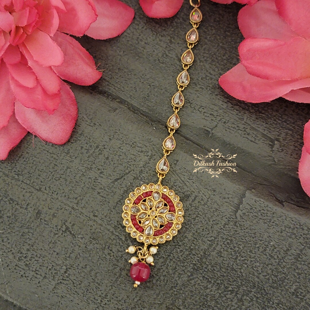 Pakistani Indian Punjabi Ruby Red Gold Polki Tikka Maangtikka Headpiece ...