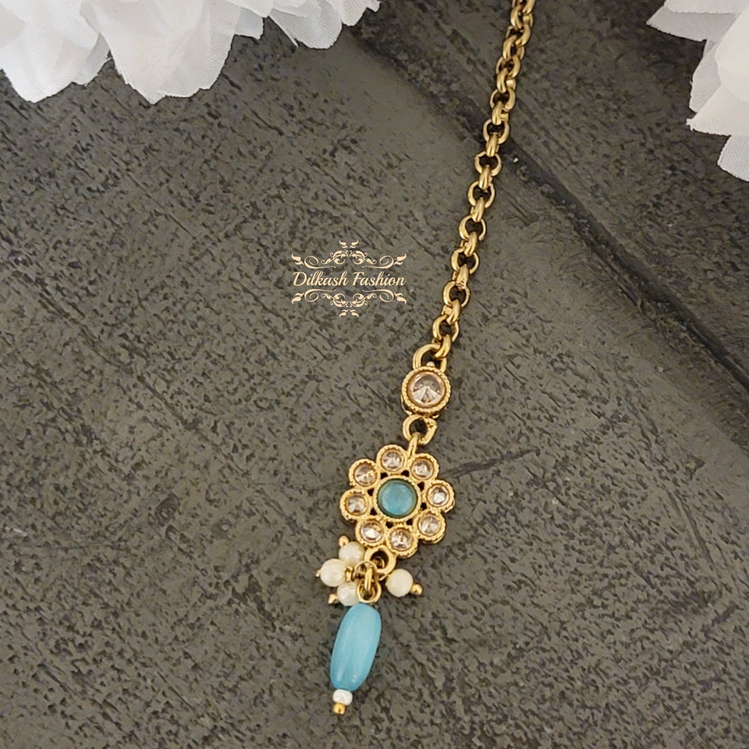 Pakistani Indian Punjabi Beautiful Turquoise Blue Gold Polki Tikka ...