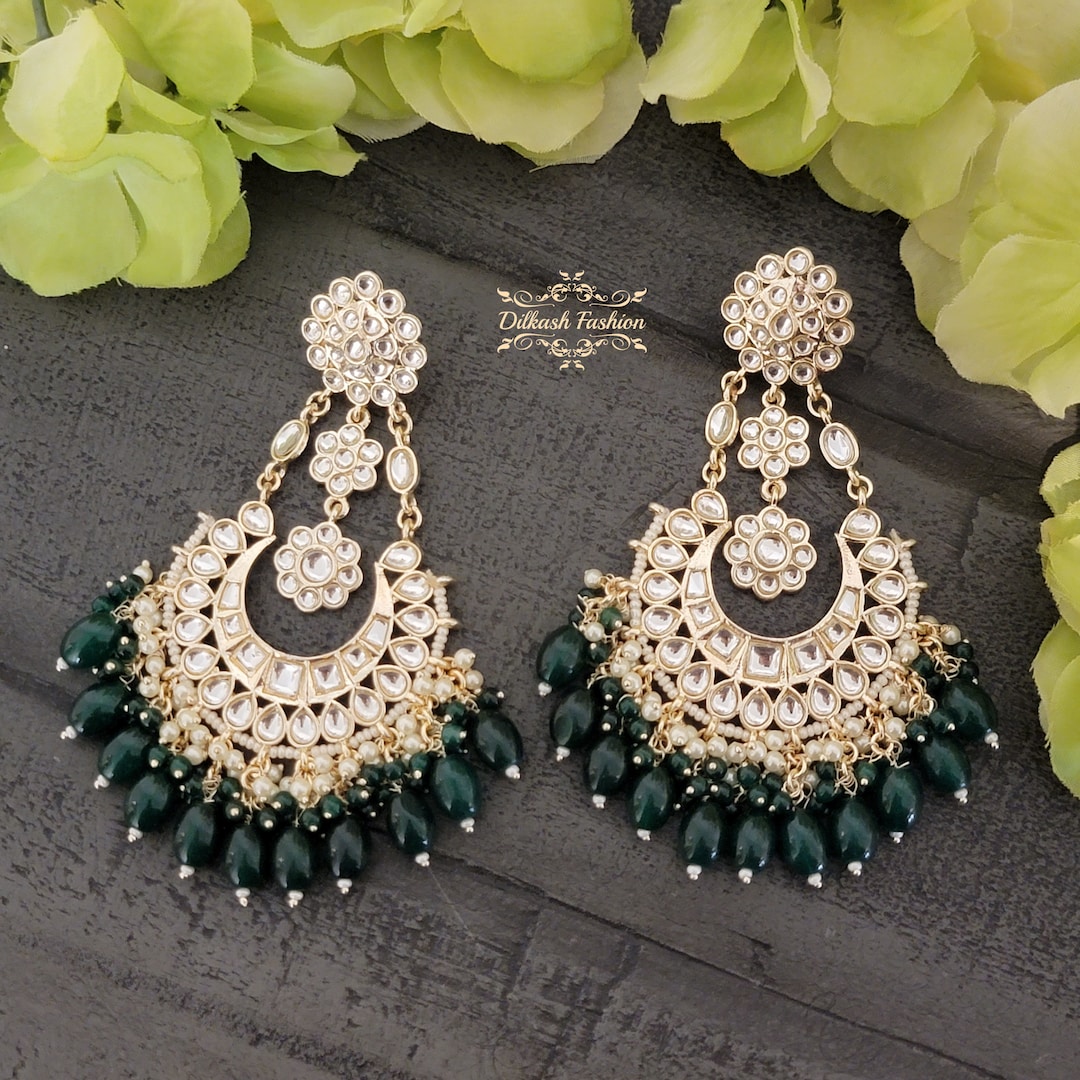 Pakistani Indian Punjabi Gold Amritsari Kundan Green Pearl Chandbali ...