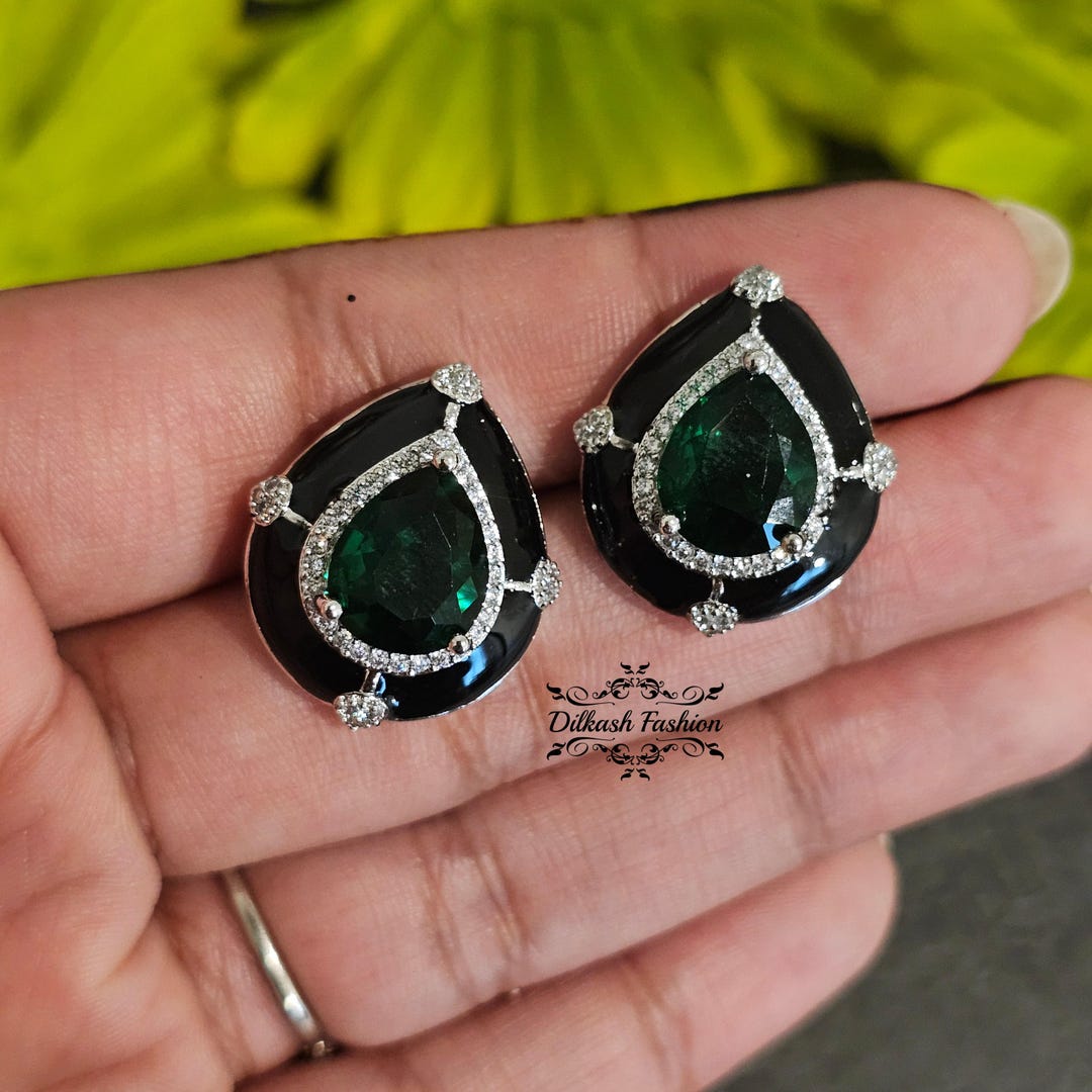 Pakistani Indian Punjabi Silver Emerald Green Black Enamel Studs ...