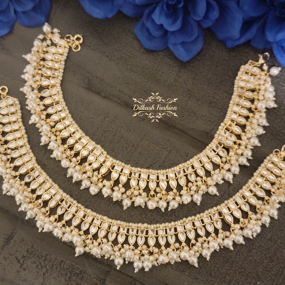 Pakistani Indian Punjabi Gold Amritsari Kundan Pearls Anklet Payal Pair ...