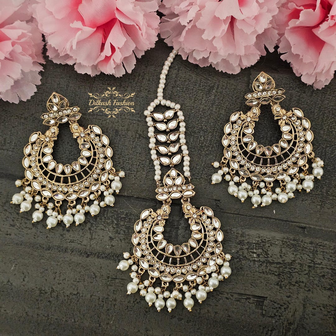 Pakistani Indian Punjabi Gold Pearl Chandbali Sheesha Kundan Earrings ...