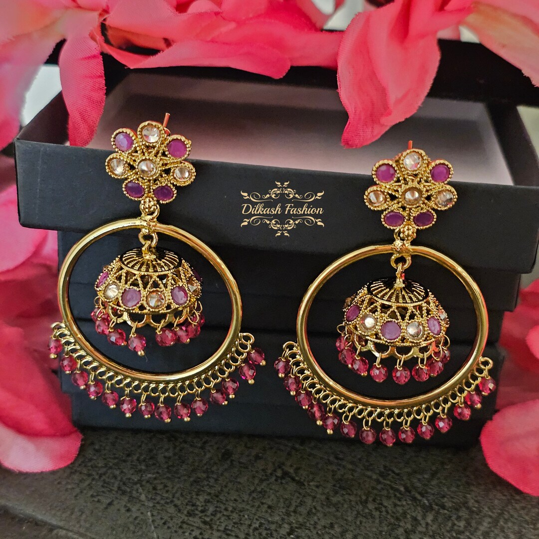 Pakistani Indian Punjabi Gold Hot Pink Jhumki Baali Polki Earrings ...