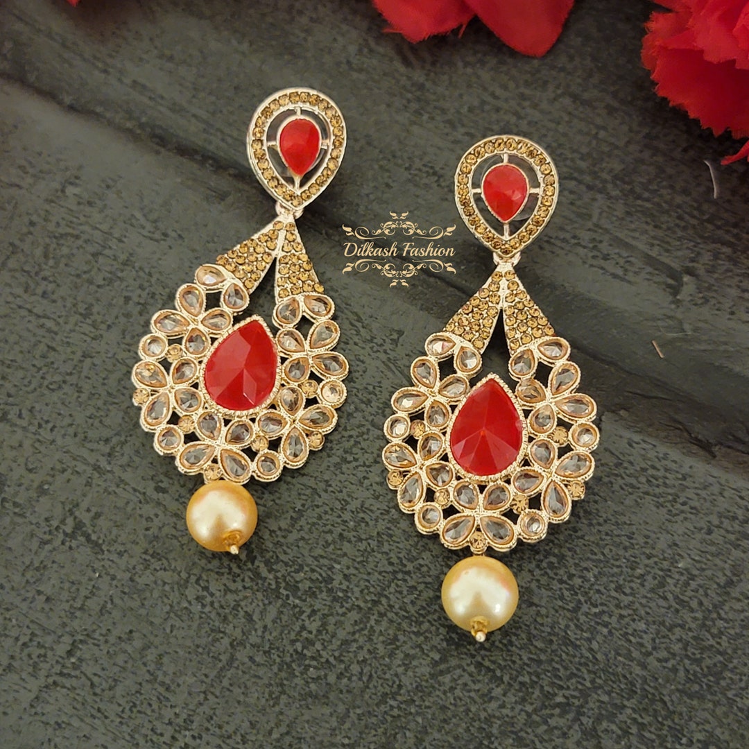Pakistani Indian Punjabi Gold Polki Red Earrings Dilkash Fashion ...
