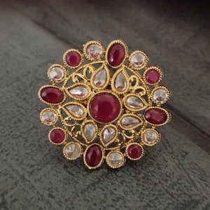 Pakistani Indian Punjabi Beautiful Gold Ruby Red Polki Adjustable Ring ...