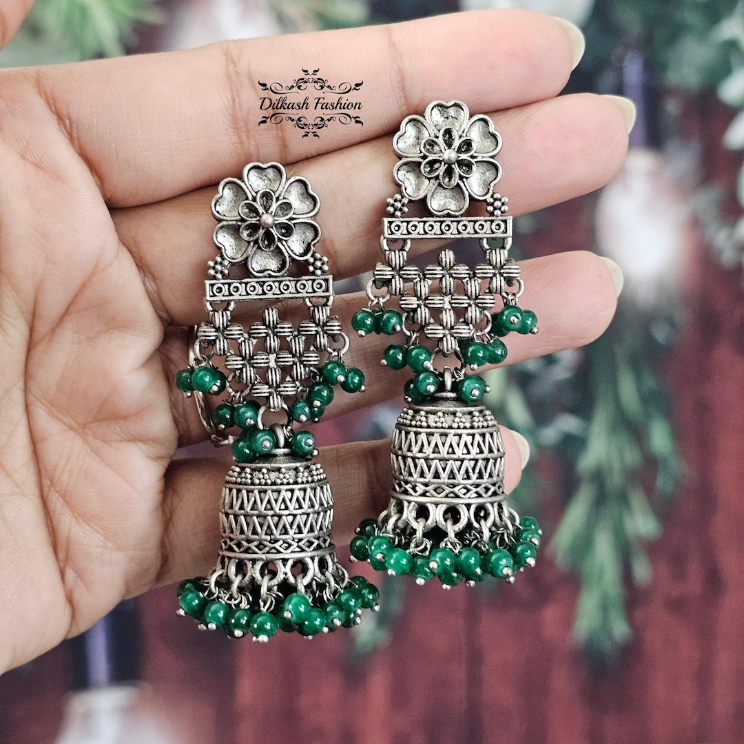 Pakistani Indian Punjabi Matte Silver Oxidized Green Jhumki Jhumka ...