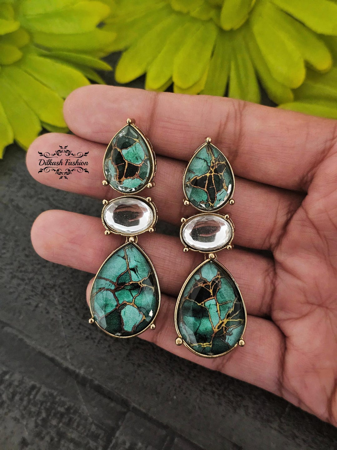 Pakistani Indian Gold Emerald Green Kundan Marble Doublet Earrings ...