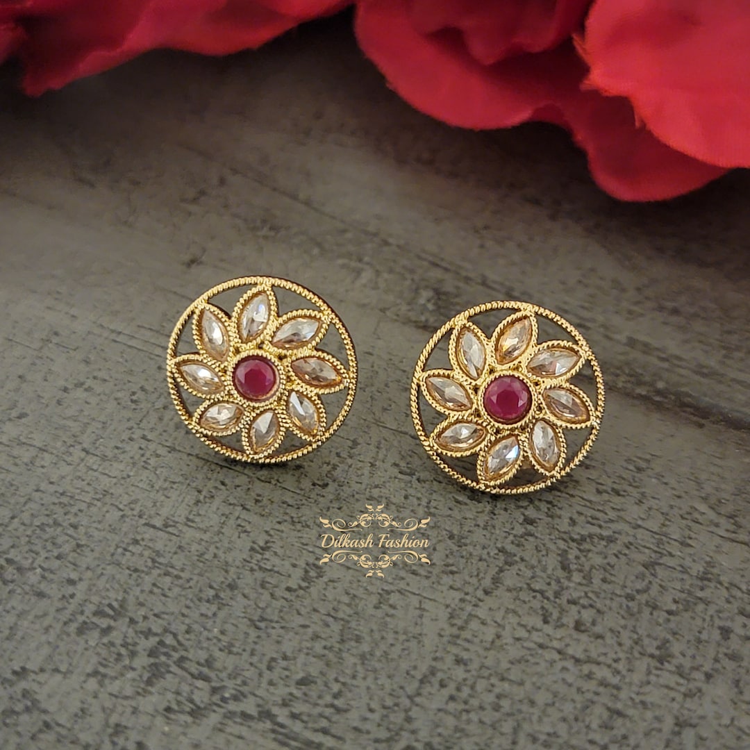 Pakistani Indian Punjabi Gold Ruby Red Polki Studs Earrings Dilkash ...
