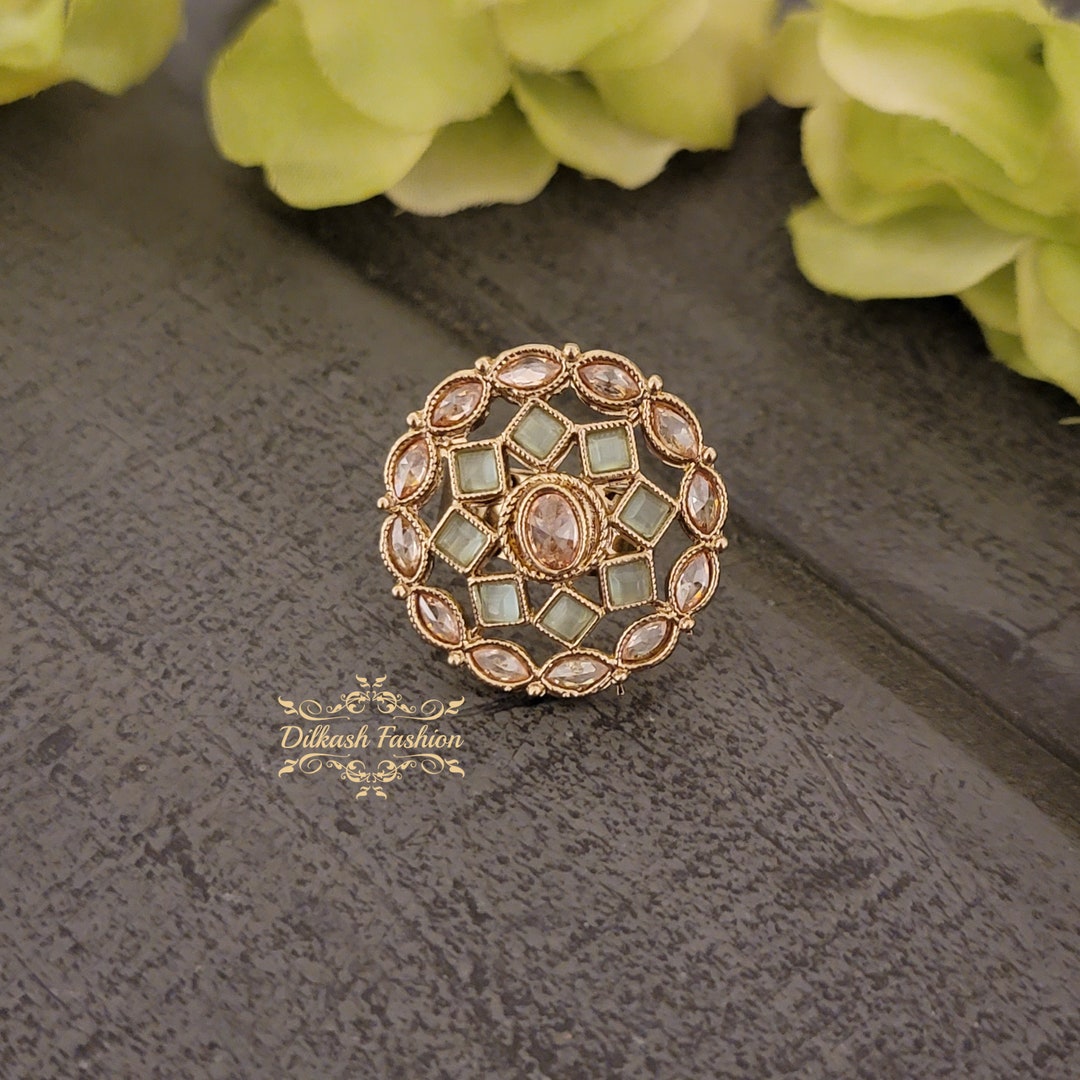 Pakistani Indian Punjabi Beautiful Gold Sage Green Polki Adjustable Ring Dilkash Fashion Jewelry ...