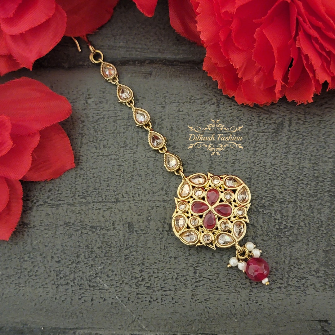 Pakistani Indian Punjabi Ruby Red Gold Polki Tikka Maangtikka Headpiece ...