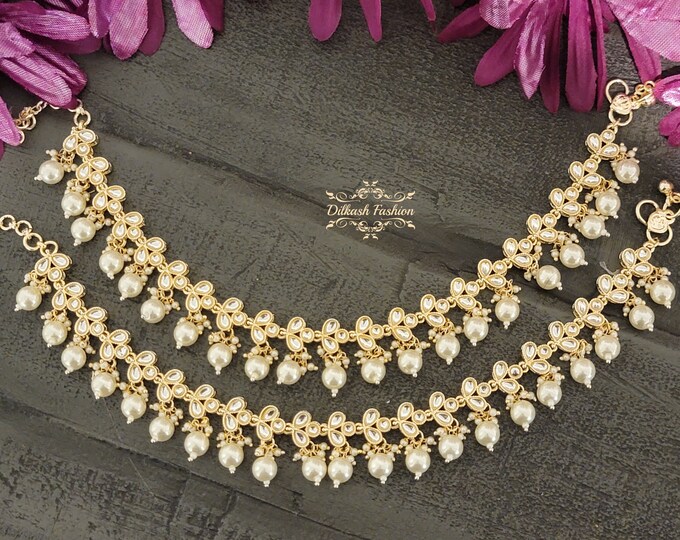 Pakistani Indian Punjabi Gold Amritsari Kundan Pearls Anklet Payal Pair ...
