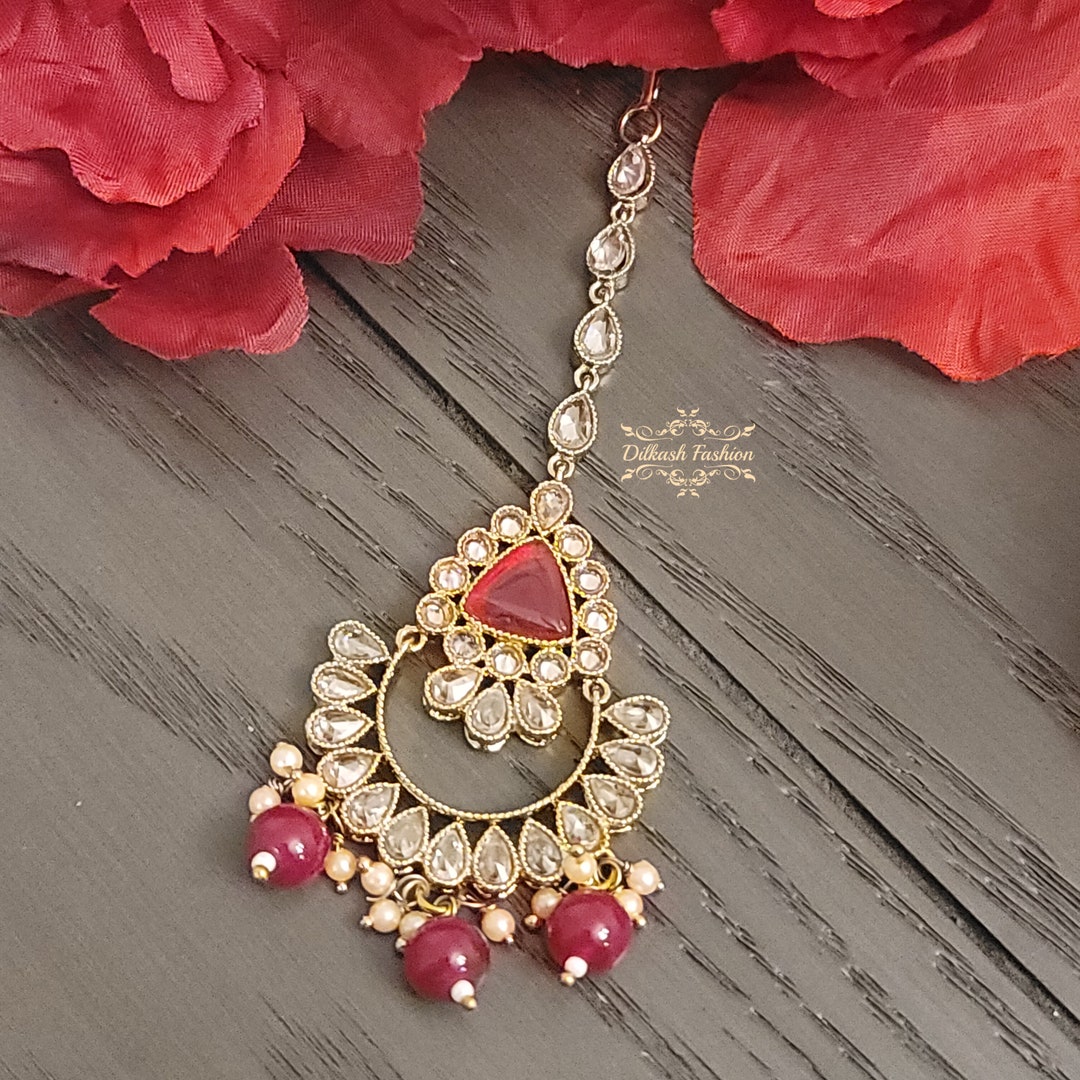 Pakistani Indian Punjabi Ruby Red Gold Polki Tikka Maangtikka Headpiece ...